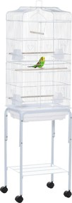 PawHut Ptačí Klec na Kolečkách 46,5x36x157 cm, Kovová Ptačí Klec se 4 Krmítky, 3 Hnízdy, Vyjímatelným Velkým Odtokem a Úložnou Policí pro Kanárky a A…