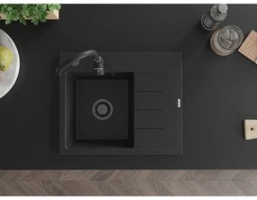 Mexen Ben, 1-komorový granitový dřez 600x500x190 mm, levý + černý sifon, černá-stříbrná metalíza, 6522605000-73-B