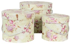 3ks zelený kulatý box s růžovými květy - Ø 23*20 / Ø 20*17 / Ø 17*14 cm