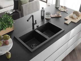 Mexen Hektor, 2-komorový granitový dřez 800x480x205 mm, černá, grafitový sifon, 6521802000-77-B