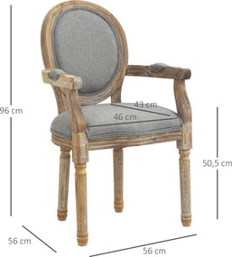 HOMCOM Křeslo do Jídelny ve Stylu Ludvíka XVI. z Masivního Kaučukového Dřeva s Povlakem z Lnu Šedé Barvy