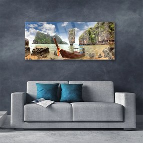akrylový obraz Loďka Kameny Krajina 125x50 cm