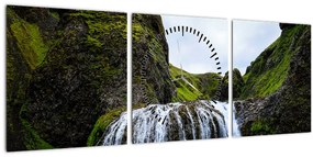 Obraz útesu s vodopádem (s hodinami) (90x30 cm)