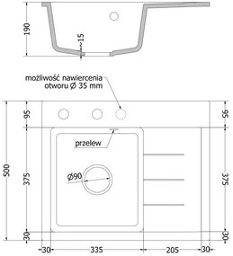 Mexen Ben, 1-komorový granitový dřez 600x500x190 mm, levý + černý sifon, černá-stříbrná metalíza, 6522605000-73-B