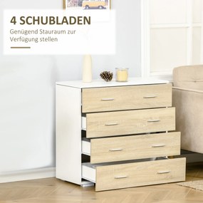 HOMCOM Komoda se 4 šuplíky - Moderní pomocný úložný kabinet do ložnice, chodby nebo obývacího pokoje, 76x35x72 cm, dub a bílá