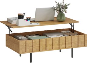 HOMCOM Sklápěcí konferenční stolek se 2 skrytými přihrádkami a žebernými stranami, mid-century-modern styl, 110x55x36,5 cm, dub