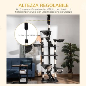 PawHut Stropní Škrabadlo pro Kočky s Nastavitelnou Výškou 240-260 cm, Víceúrovňový Kočičí Stromeček se Sheltry, Hammocky, Schody a Sisalovými Lany, T…