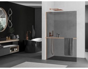 Mexen Kioto+ L, sprchová zástěna Walk-In s poličkou a věšákem 120 x 200 cm, 8mm šedé sklo, měděný matný profil, 800-120-123-65-40