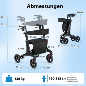 Costway Skládací rolátor pro seniory ultralehké chodítko se sedátkovou pomůckou