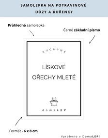 LÍSKOVÉ OŘECHY – průhledná samolepka na dózu, základní písmo, 6 x 8 cm | DomaLEP