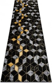 Dywany Łuszczów, Běhoun Gloss 400B 86 3D geometric black/gold, 60x300, černá, obývací pokoj