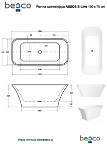 BESCO Volně stojící vana ASSOS S-LINE bílá Rozměr vany - 160 × 70 cm VANASSL16W