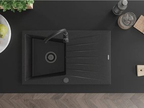 Mexen Cesar, granitový dřez 775x470x190 mm, 1-komorový, černá-stříbrná metalíza s černým sifonem, 6514771010-73-B