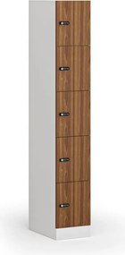 Šatní skříňka S1 s úložnými boxy, 5 boxů, 1850 x 300 x 500 mm, demont, mechanický kódový zámek, laminované dveře, ořech