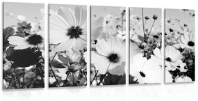 5-dílný obraz louka jarních květin v černobílém provedení - 200x100 cm