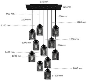 creative cables Závěsná lampa s 11 světly, s obdélníkovým XXL baldachýnem Rose-one, textilním kabelem a kovovými stínidly Ghostbell Barva: Matný černý dibond
