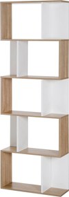 HOMCOM 5-patrová knihovna Dřevěný regál S-tvarovaný Moderní design pro obývací pokoj a kancelář 60x24x184,5 cm Bílá a dřevo | Aosom