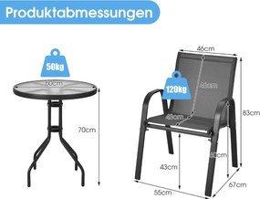 Costway 3 ks. Balkonmöbel Set Bistrotisch mit 2 Stapelbare Stühlen Balkonset