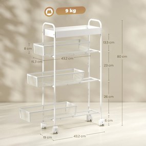 HOMCOM Kuchyňský vozík z kovu, 3 koše, úzký design, 4 kola, pro kuchyň, obývací pokoj, koupelnu, bílý