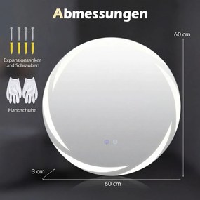 Costway Koupelnové zrcadlo Ø60 cm s osvětlením a 3 barevnými světly a proti