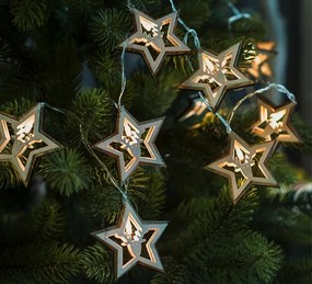 SOLIGHT LED vánoční řetěz hvězdy, 10x LED, dřevo, 1,5m, 2x AA