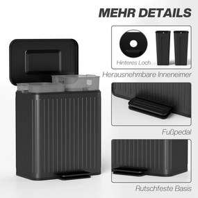 HOMCOM Kuchyňský odpadkový koš, 2 x 20 l přihrádky, efektivní třídění odpadu, nožní pedál, plast, kov, černá