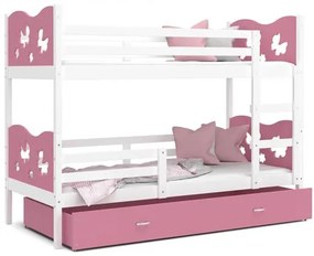 Dětská patrová postel MAX 200x90 cm s bílou konstrukcí v růžové barvě s MOTÝLKY