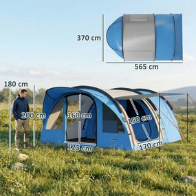 Rodinný tunelový stan Outsunny pro 4 osoby s obytným prostorem, odnímatelnou přepážkou, okny a integrovanou podlážkou — vodní sloupec 3000 mm (světle…