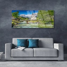 akrylový obraz Kostel Most Jezero Příroda 125x50 cm