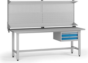 Výškově nastavitelný dílenský stůl G5 s nástavbou, 2100 x 750 x 800-1000 mm, 1x kontejner, 2 zásuvky, modrá
