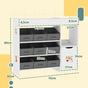 AIYAPLAY Dětská police na hračky s organizérem a 9 odnímatelnými koši pro dětský pokoj 92x30x80 cm Bílá