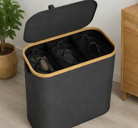 koš na prádlo, objem 110+ l, s víkem, 3 odnímatelné tašky, látka/bambus, 75x43x32 cm, šedá/přírodní, Dekorino KP20260003