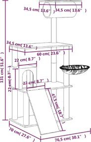 Škrabadlo pro kočky se sisalovými sloupky světle šedé 131 cm 171604