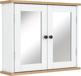 Nástěnný koupelnový kabinet kleankin se zrcadlem 2 úrovně s 1 nastavitelnou policí a 2 dřevěnými dveřmi - rozměr 56 š x 14 h x 46 v cm