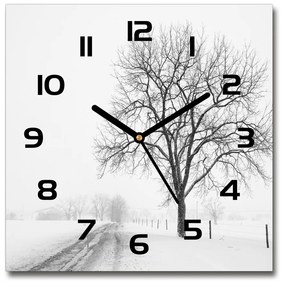 Wallmuralia Skleněné hodiny na stěnu Strom zima 30x30 cm