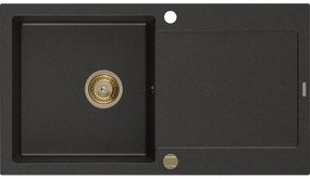 Mexen Leo, dřez granitový 900x500x190 mm, 1-komorový, černá-zlatá metalíza se zlatým sifonem, 6501901010-75-G