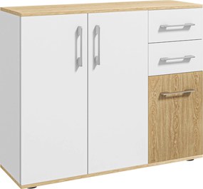 HOMCOM Moderní Boční Skříň do Obývacího Pokoj, Kuchyně s 2 Zásuvkami, 2 Skříňkami a Nastavitelnými Policemi 90x30x75,5 cm Bílá a Přírodní | Aosom