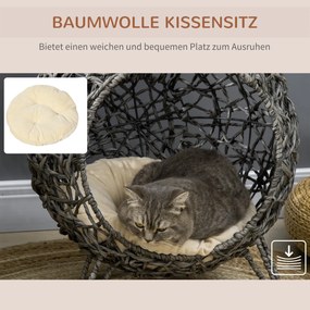 PawHut ratanový domeček pro kočky Elegantní kočičí jeskyně s polštářem, vyvýšené nohy, stříbrně šedá, Ø52x58cm| Aosom