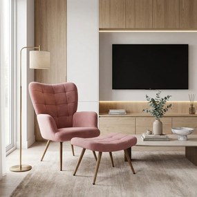 Křeslo ušák LUMEN s podnožkou - Velvet látka, růžová