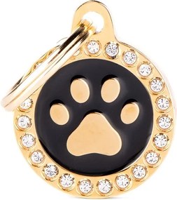 Známka pro psy a kočky MY FAMILY Zlatá s tlapkou a kamínky Swarovski