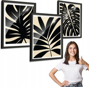 Sada 3 obrazů vzor Rostlina Monstera černý rámeček 50x70 na plexi triptych