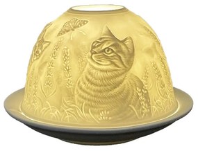 Bílý porcelánový svícen na čajovou svíčku kočka s květinami – 12x8 cm