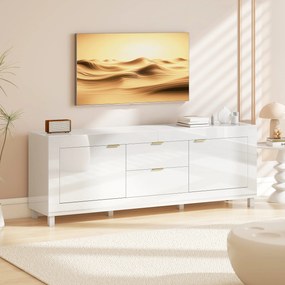 HOMCOM nízký TV stolek pro TV až do 75" – 180 × 40 × 66 cm, bílý vysoký lesk, 2 dvířka s tlumeným dovřením, kabelové vedení a 2 zásuvky