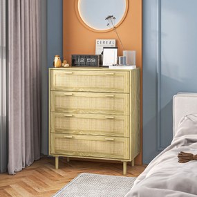 HOMCOM Komoda s 4 zásuvkami v boho stylu s ratanovým předním panelem, světle dřevěná, 90Š x 45H x 108,5V cm