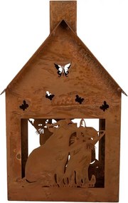 Rezavý svícen ve tvaru domku s kočkami Rustic Charm - 17*10*28 cm
