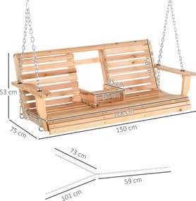Outsunny závěsná lavice zahradní houpačka houpací lavice se skládacím stolkem a držákem na nápoje, jedlové dřevo, pro 2-3 osoby, 150x75x53cm, příroda…