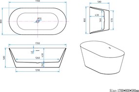 Erga Rhea, volně stojící vana 170x80 cm + odtoková zátka, bílá lesklá, ERG-RHEA-170080-WH-WH