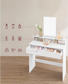Toaletní stolek s velkým zrcadlem, 2 šuplíky, moderní kosmetický stolek, bílý