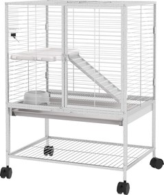 PawHut Klec pro malé zvířata na kolečkách, 2 úrovně, 2 dveře, 1 rampa, 1 odkládací police, miska, láhev - 61,5 x 44,5 x 86 cm, šedá