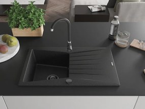 Mexen Cesar, granitový dřez 775x470x190 mm, 1-komorový, černá-stříbrná metalíza s černým sifonem, 6514771010-73-B